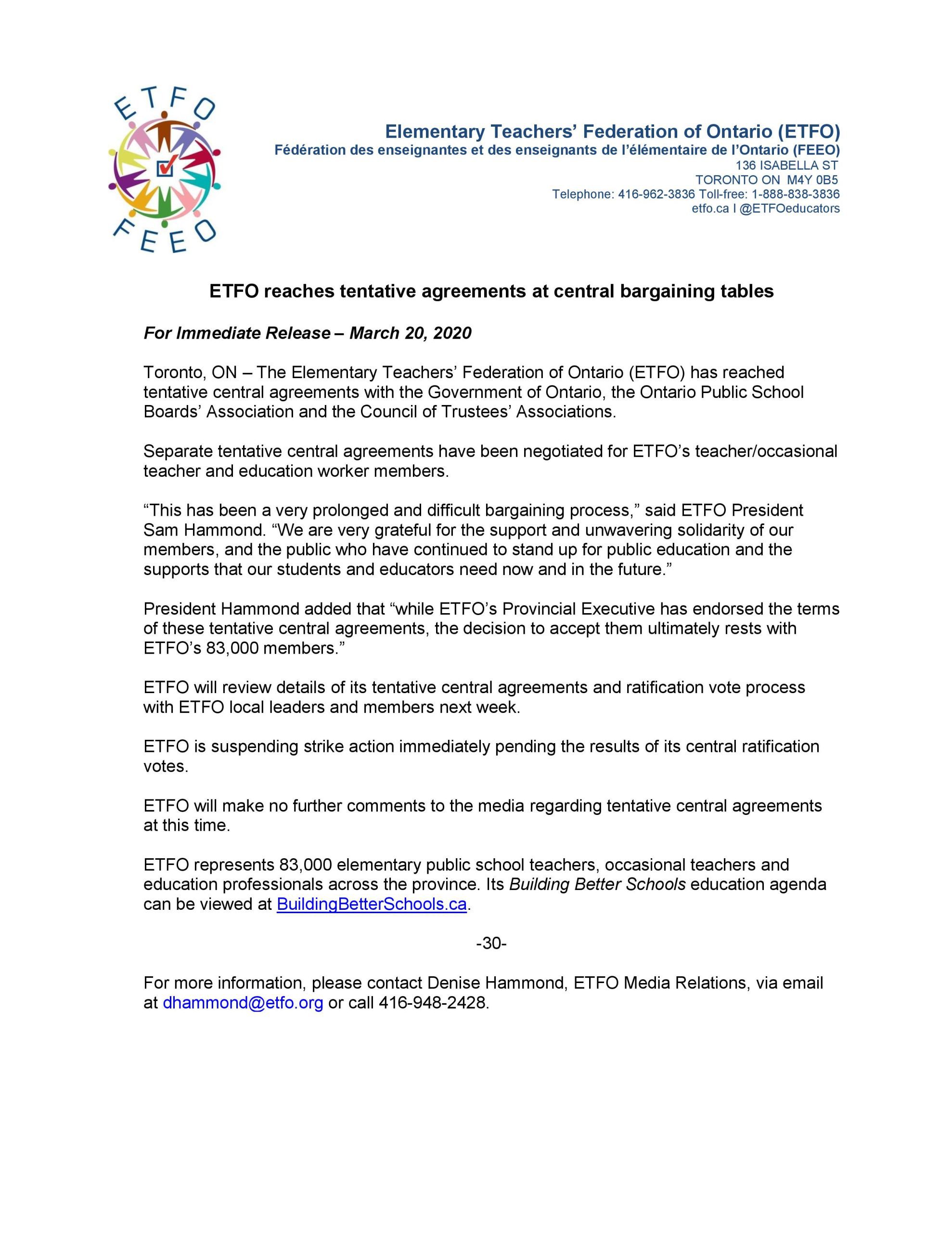 ETFO reaches tentative agreements at central bargaining tables - PETL
