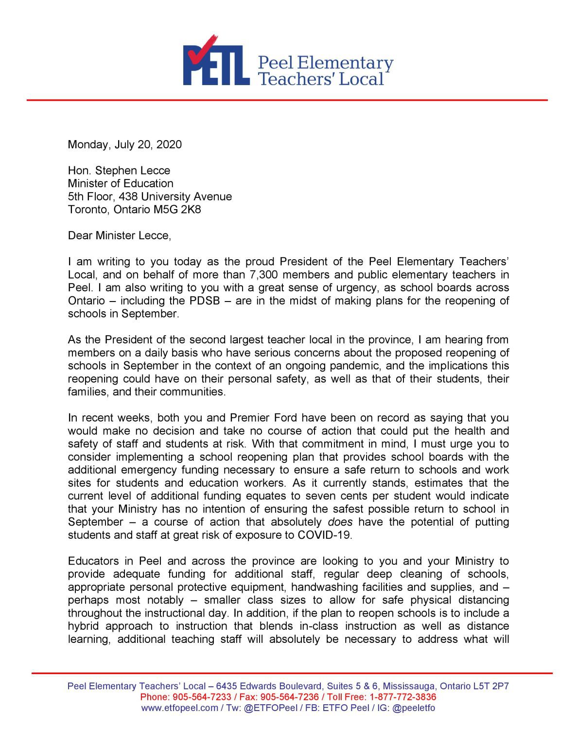Letter to Minister of Education Regarding a Safe September Return - PETL