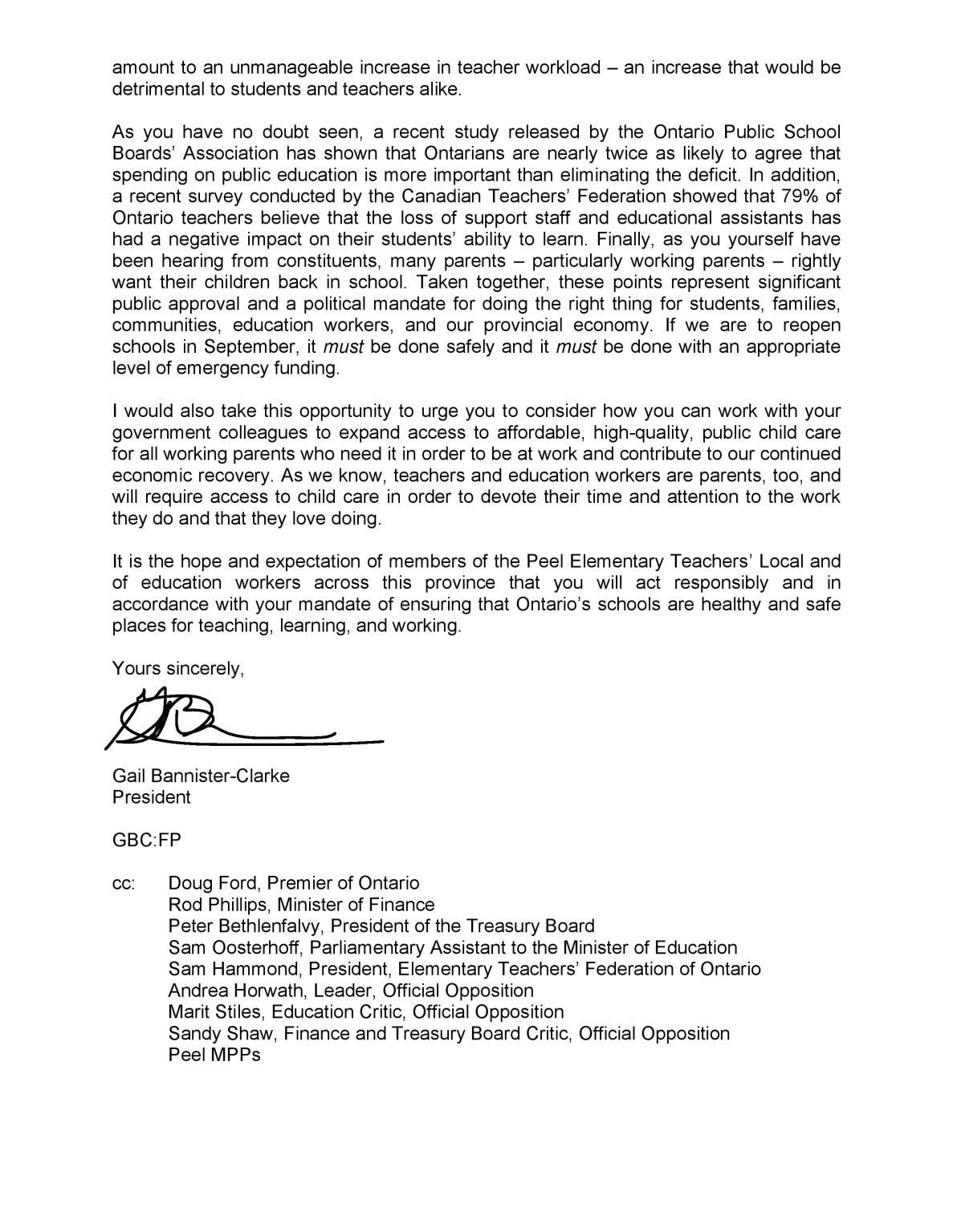 Letter to Minister of Education Regarding a Safe September Return - PETL