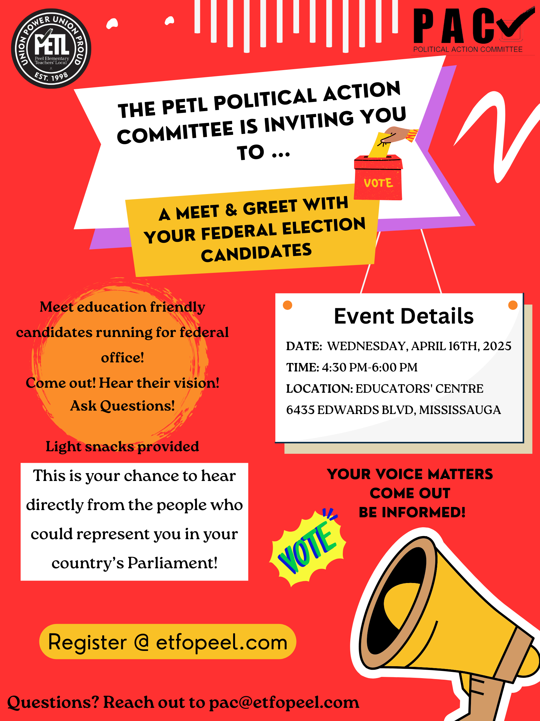 Federal Election Candidates Meet and Greet (Wed Apr 16 - PAC Event) - PETL